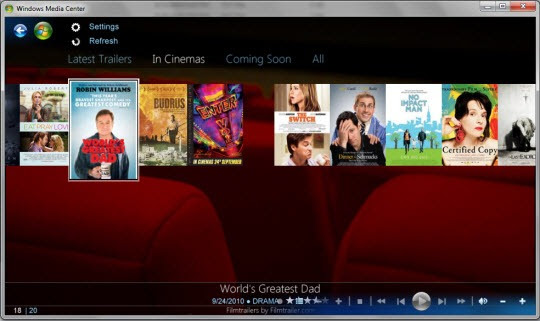 Get the latest movie trailers in Windows 7 Media Center